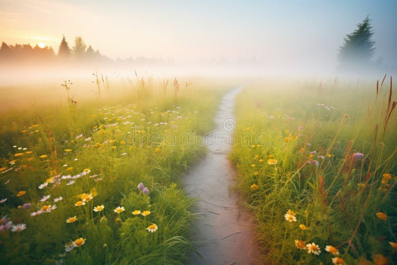 Path Winding through Meadow Disappearing into Fog Stock Image - Image ...