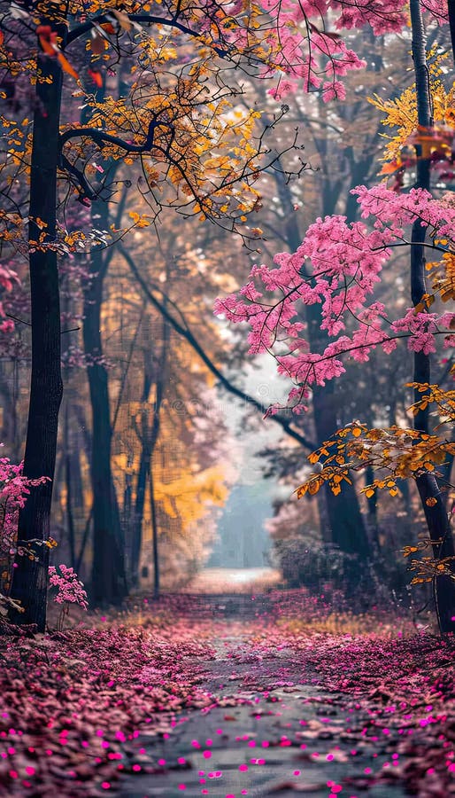 A Path Winding through the Woods is Covered in Pink Flowers Stock Image ...