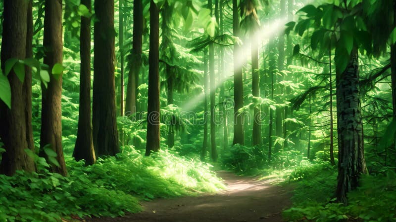 A Path Winds through a Dense Forest with Sunlight Filtering through the Trees, a Dense Forest ...