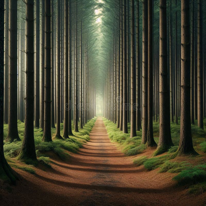 A Path Winds through a Dense Forest of Tall, Towering Pine Trees Stock ...