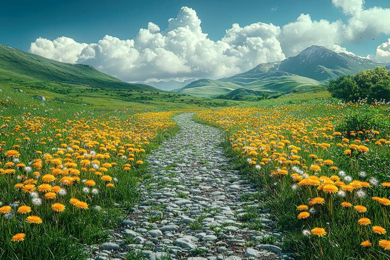 Path Winds through a Field of Yellow Flowers Stock Photo - Image of ...