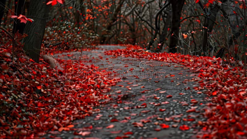A Path Winds through a Forest, Covered in Red and Orange Autumn Leaves ...