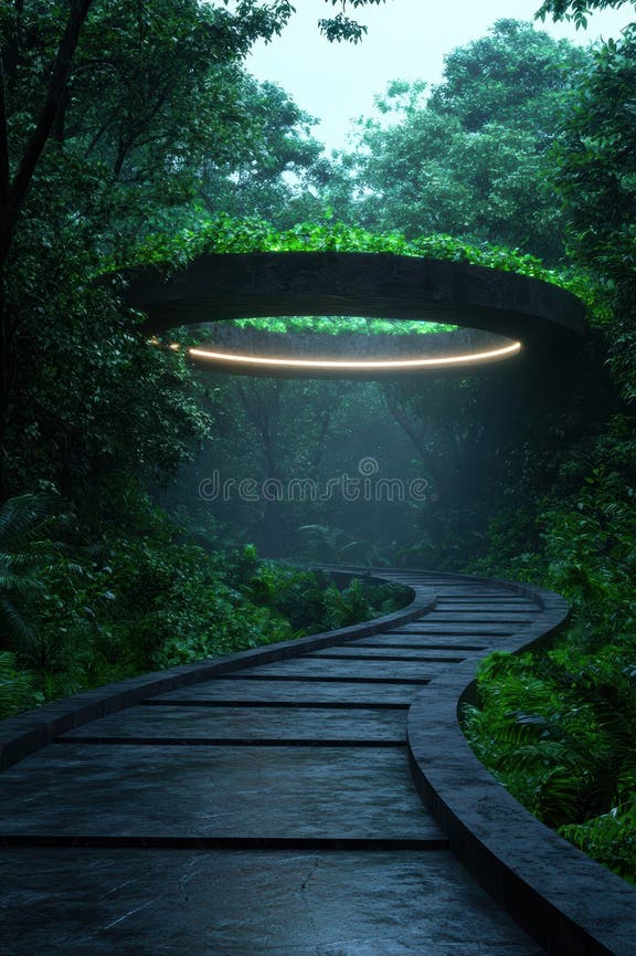 A Path Winds through a Lush Green Forest Under a Glowing Ring. Stock ...