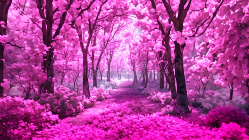 A Path Winds through a Peaceful Forest Adorned with Blooming Cherry ...