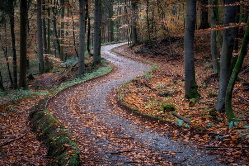 A Path Winds through a Thick Forest with Fallen Leaves Covering the ...