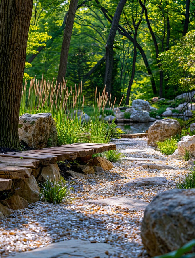 A Path in the Woods with a Bench and Trees Stock Image - Image of rock ...