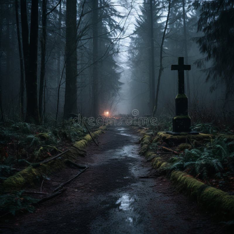 A Path through the Woods at Night with a Cross at the End Stock ...