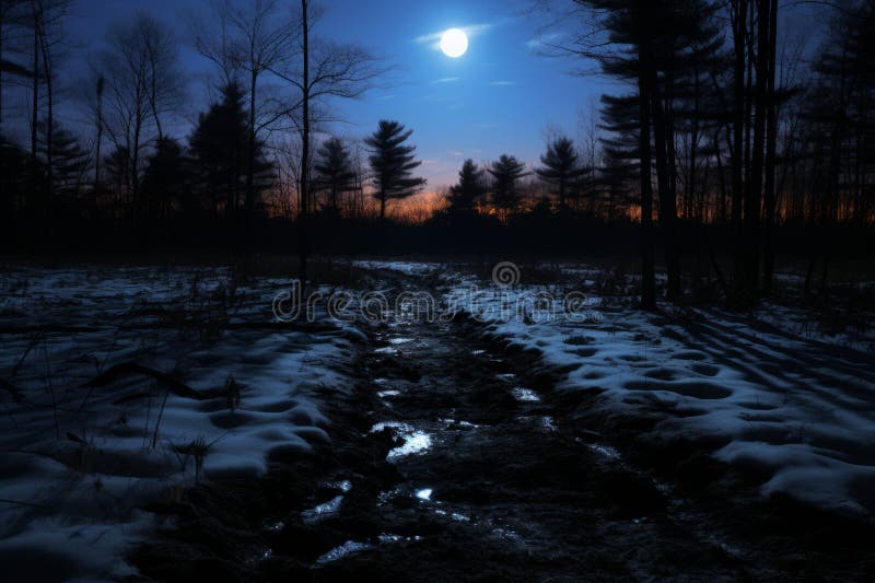 A Path through the Woods at Night with a Full Moon Stock Illustration ...