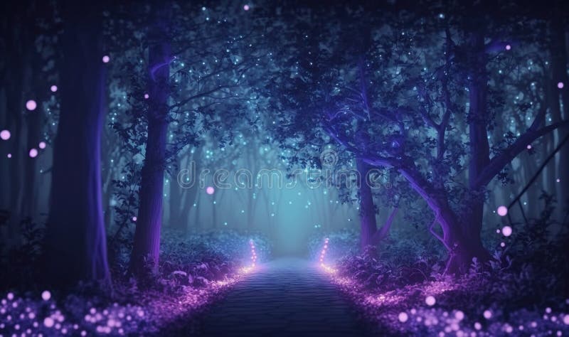A Path in the Woods with Purple Lights on it and a Trail Leading ...