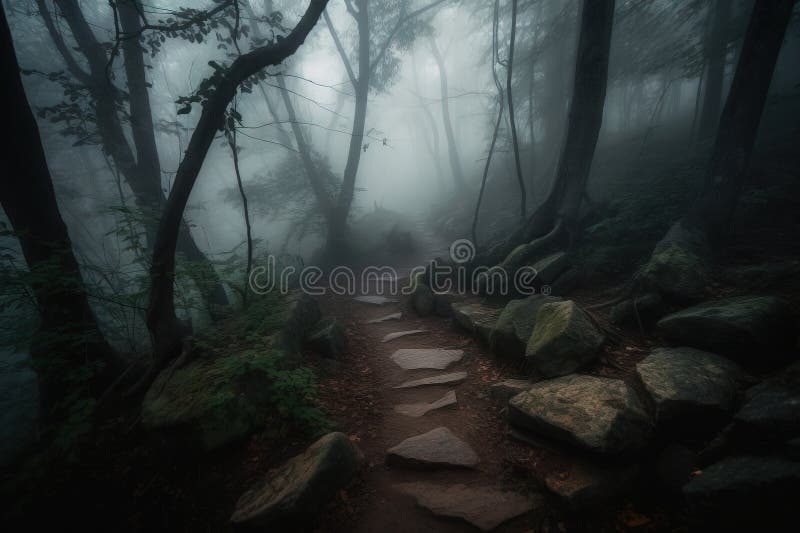 A Path in the Woods with Rocks and Trees on a Foggy Day Stock ...