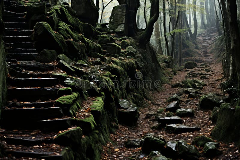 A Path through the Woods with Stone Steps and Mossy Rocks Stock ...