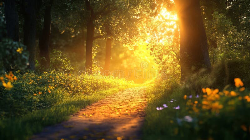 A Path in the Woods with the Sun Shining through the Trees Stock ...