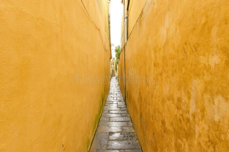 Path between Yellow Buildings Stock Photo - Image of decoration, color ...
