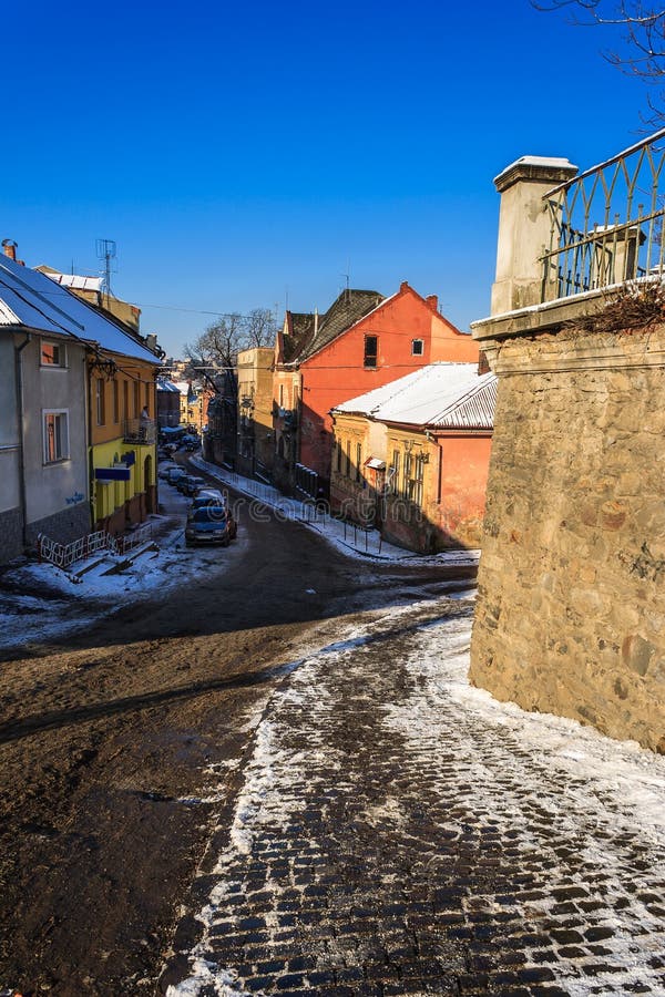 Paths Diverge in Old Town Winter Stock Photo - Image of roof, winter ...