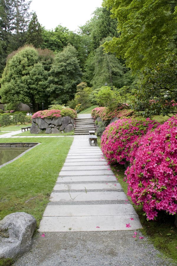 Paths and Flowers in Japanese Garden Stock Photo - Image of bench, pink ...