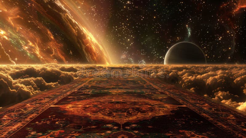 Pathway Above Clouds Leading To Space with Planets and Stars, Cosmic ...