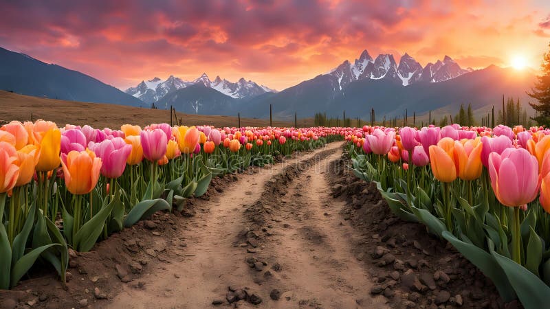 Pathway Adorned with Bright Tulips and Mountain View, Vibrant Natural ...