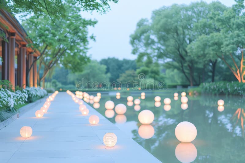 Pathway Adorned with Glowing Lanterns beside a Serene Pond with Trees ...