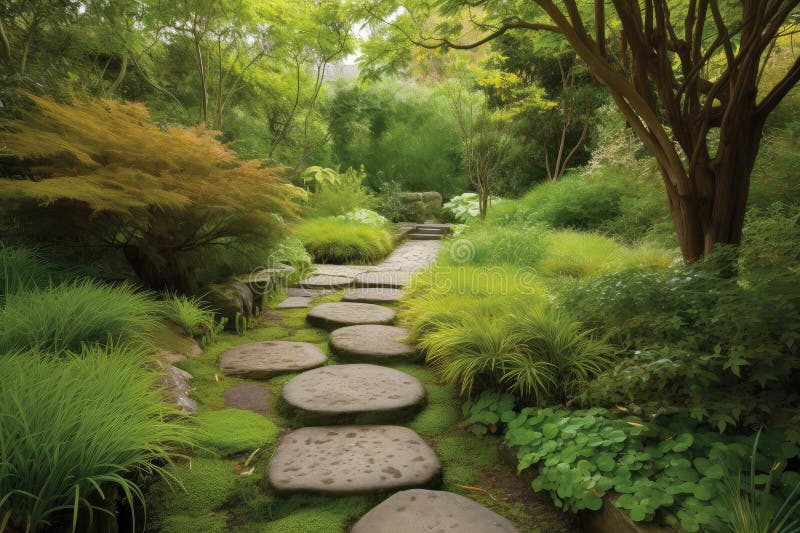 Pathway Alongside a Garden, with Stepping Stones and Greenery Stock ...