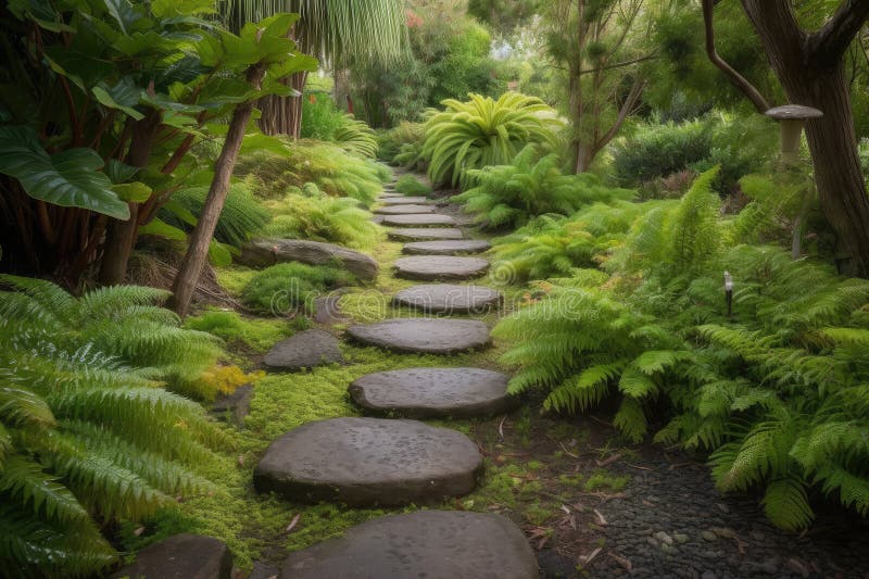 Pathway Alongside a Garden, with Stepping Stones and Greenery Stock ...