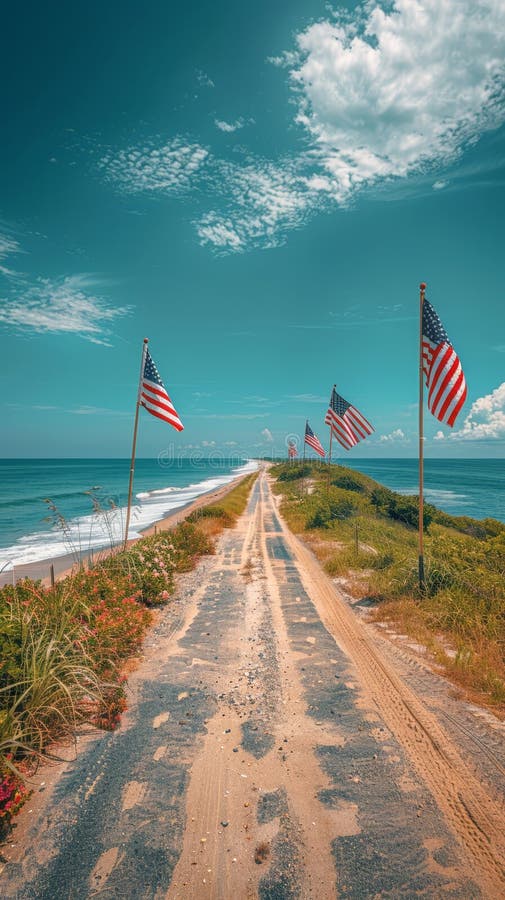 Pathway with American Flags Leading To the Beach Under a Clear Blue Sky ...