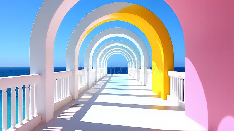 Walking through Colorful Arches with Sea View Creates Bright ...