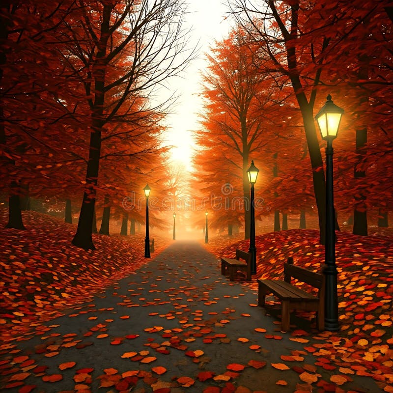 Pathway in Autumn Park with Bench and Lamp at Night Scene Stock ...