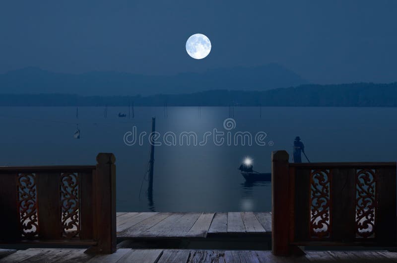 Pathway and Balcony beside the Lake in Full Moon Night Stock Image ...