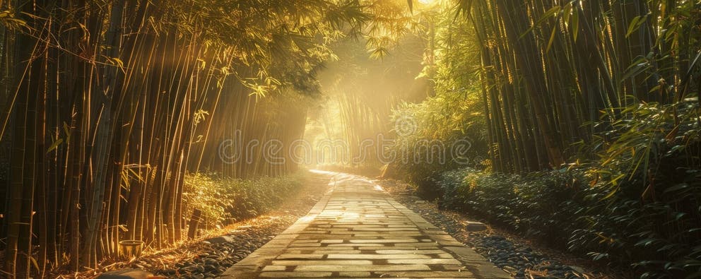 Pathway through Bamboo Forest Illuminated by Sunlight, Serene ...