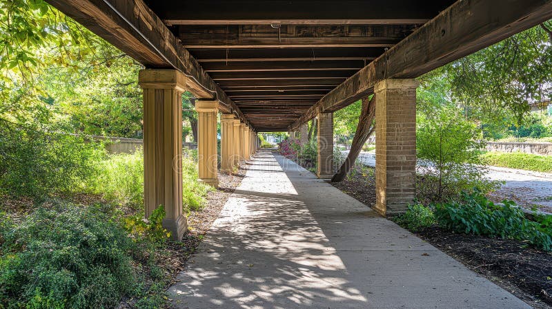 Pathway Beneath Wooden Structure in Urban Park Stock Image - Image of ...