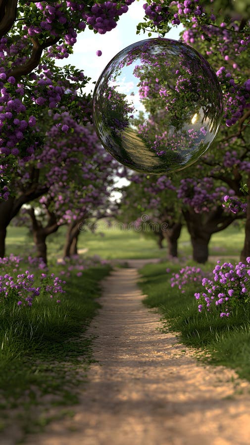 Pathway through a Blooming Orchard Stock Illustration - Illustration of ...