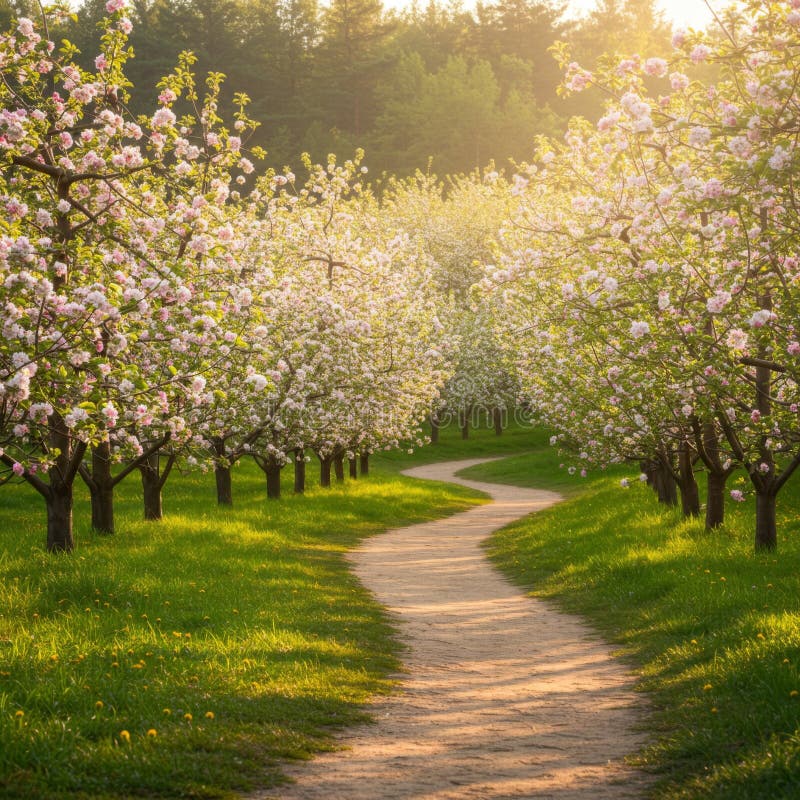 Pathway through a Blossoming Apple Orchard in Spring Stock Illustration ...