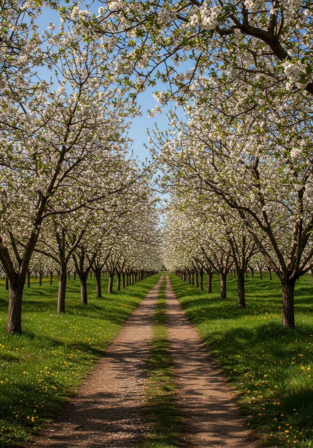 Pathway through a Blossoming Orchard in Spring Stock Illustration ...