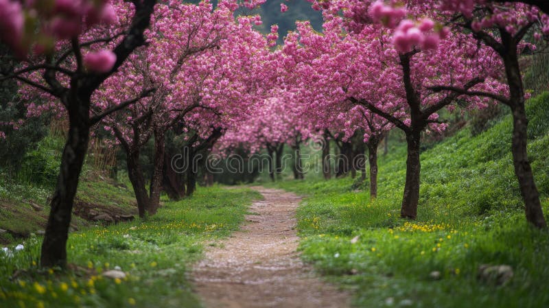 Pathway through a Cherry Blossom Orchard in Spring Stock Illustration ...