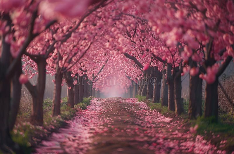 A Pathway through Cherry Blossom Trees Stock Illustration ...