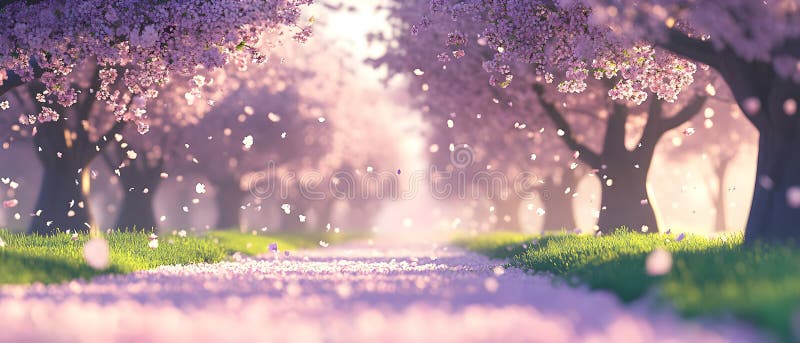 Pathway through Cherry Blossom Trees with Morning Glow (Sakura Stock ...