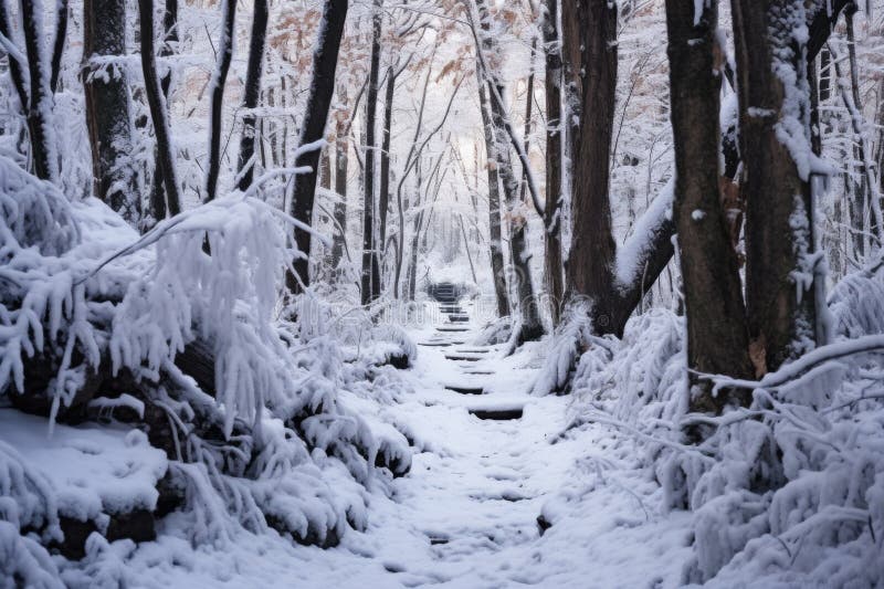 A Pathway Cleared of Snow in a Forest Stock Illustration - Illustration ...