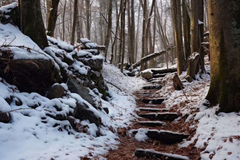 A Pathway Cleared of Snow in a Forest Stock Photo - Image of serene ...
