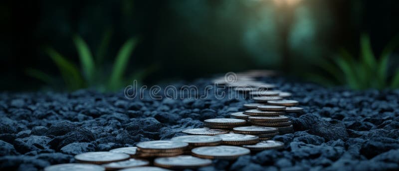 Pathway of Coins Leading through Dark Forest with Soft Light and ...