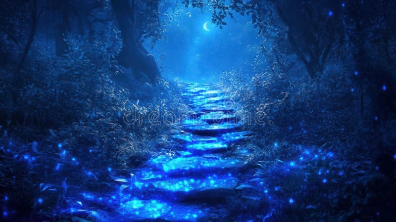 Pathway Covered in Blue Glow Leading through a Mystical World Stock ...