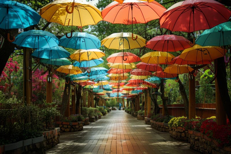 Pathway Covered with Colorful Umbrellas Creating Tunnel Effect Stock ...