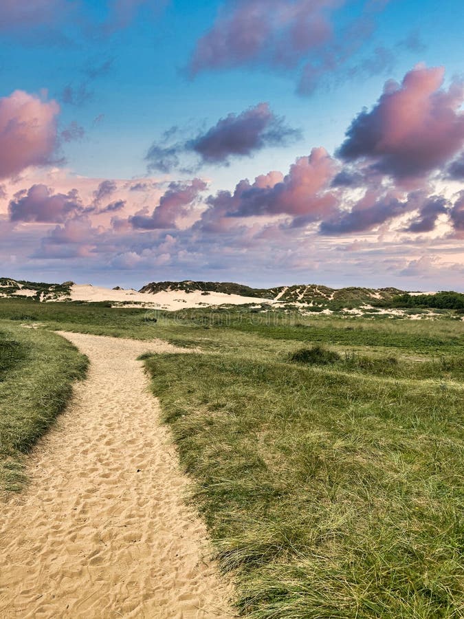 Pathway Covered with Sand Dunes with Blue Sky Stock Photo - Image of ...