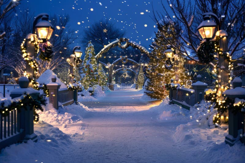 A Pathway Covered in Snow with Festive Lights and Trees Lining the ...