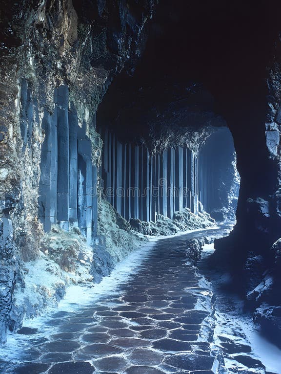 A Pathway through a Dark Cave with Hexagonal Stone Tiles and Columnar ...