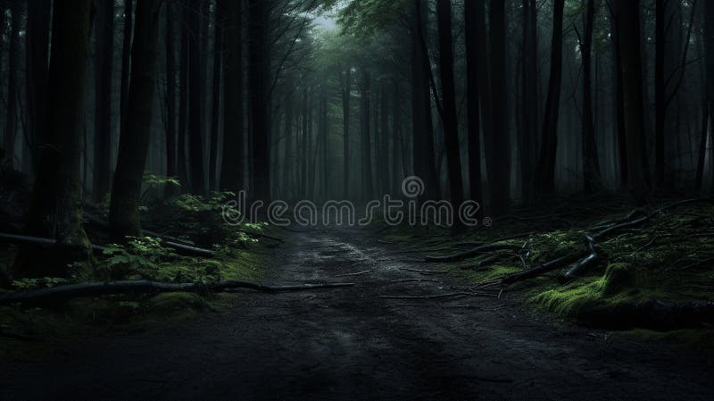 Pathway through a Dark Forest. a Dark and Moody Forest at Night with a ...
