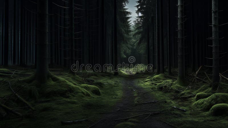 Pathway through a Dark Forest. a Dark and Moody Forest at Night with a ...
