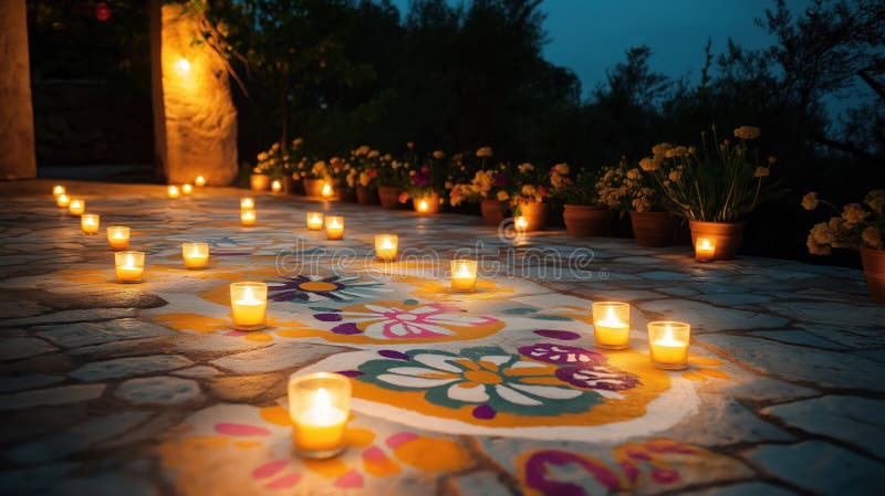 Pathway Decorated with Glowing Candles, Vibrant Rangoli Design ...