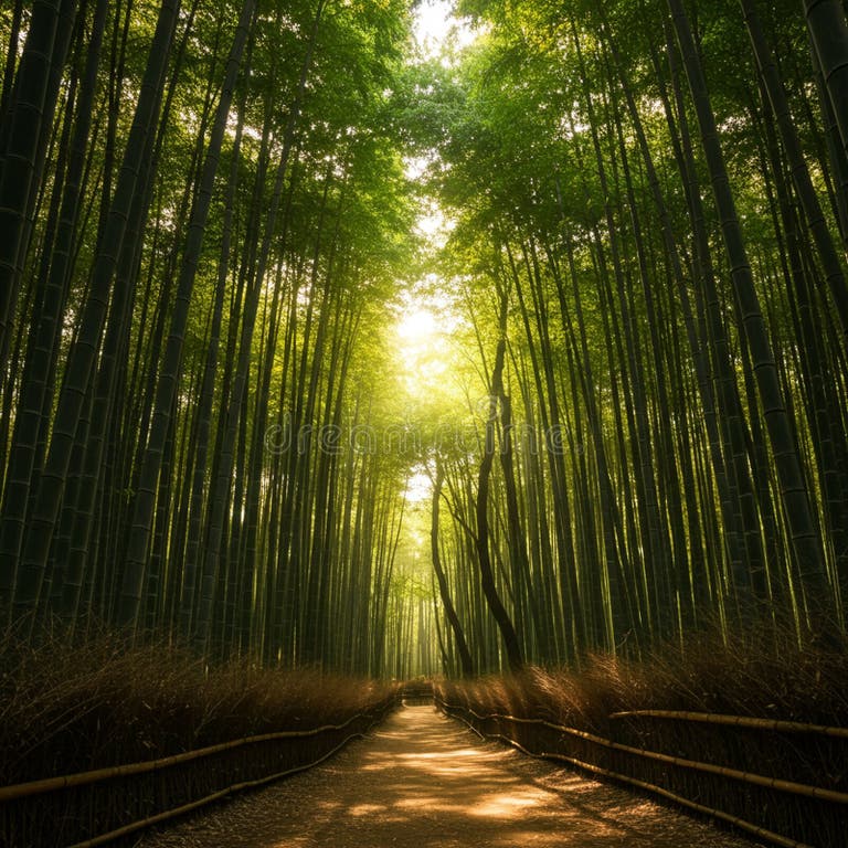 Pathway through a Dense Bamboo Forest, Likely in Japan. Tall Bamboo ...