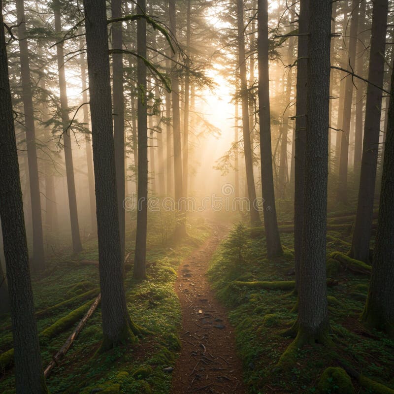Pathway through a Dense Forest with Tall, Straight Trees, Likely ...