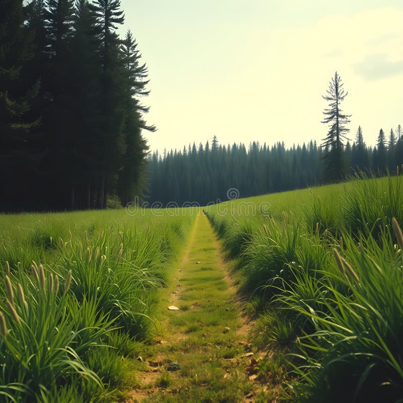 A Pathway through a Dense, Lush Field of Grass Leading To a Forest in ...